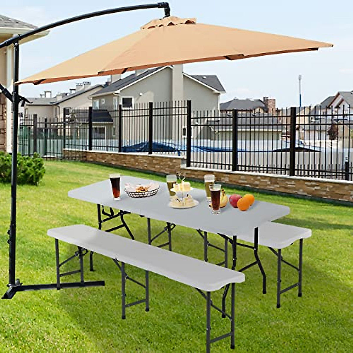 HKLGorg Folding Bench 6 FT Heavy Duty Plastic Outdoor Bench Foldable Camping Seat Portable Indoor Outdoor Seat Foldable Bench for Picnic Camping Party Dining - White (2 Pack)