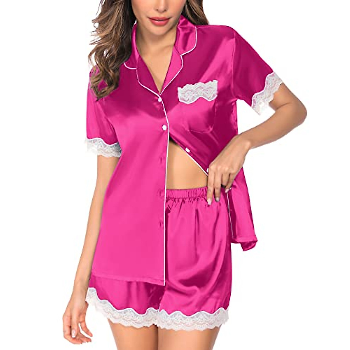 SWOMOG Women's Silk Lace Pajama Sets Satin Button Down Pjs Lace Shorts 2 Pcs Sleepwear Bridal Party Lounge Set with Pockets Red Rose