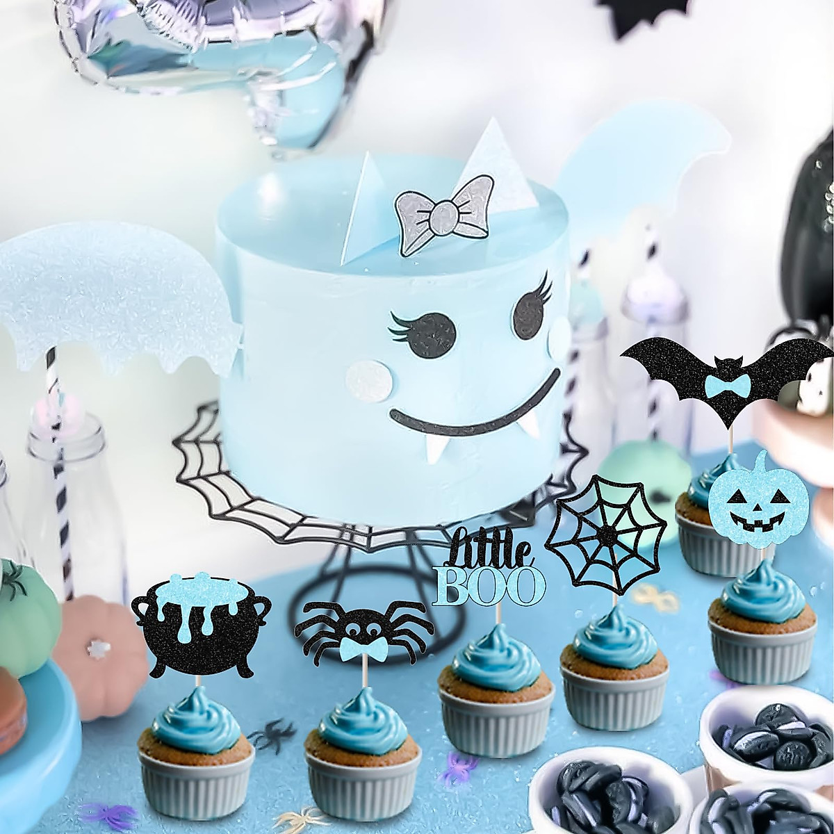 Fangleland Halloween Little Boo Ghost Cupcake Toppers Baby Shower Decorations for Boy, 36Pcs Blue and Black Dessert Table Cupcake Toppers Decors Gender Reveal Birthday Party Favor Supplies