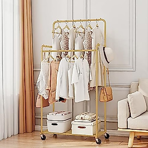 Ekisemio Double Rod Rolling Clothes Garment Rack, Heavy Duty Clothing Rolling Rack on Wheels for Hanging Clothes,with 4 Hooks, Gold