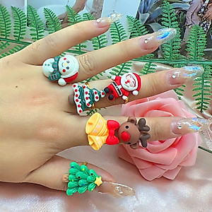 CJIAYUJEW Christmas Ring Set for Women Acrylic Christmas Tree Santa Crutches Elk Rings,Crystal Rhinestone Santa Claus Rings for Women Xmas Party Christmas (Acrylic-6pcs, alloy)