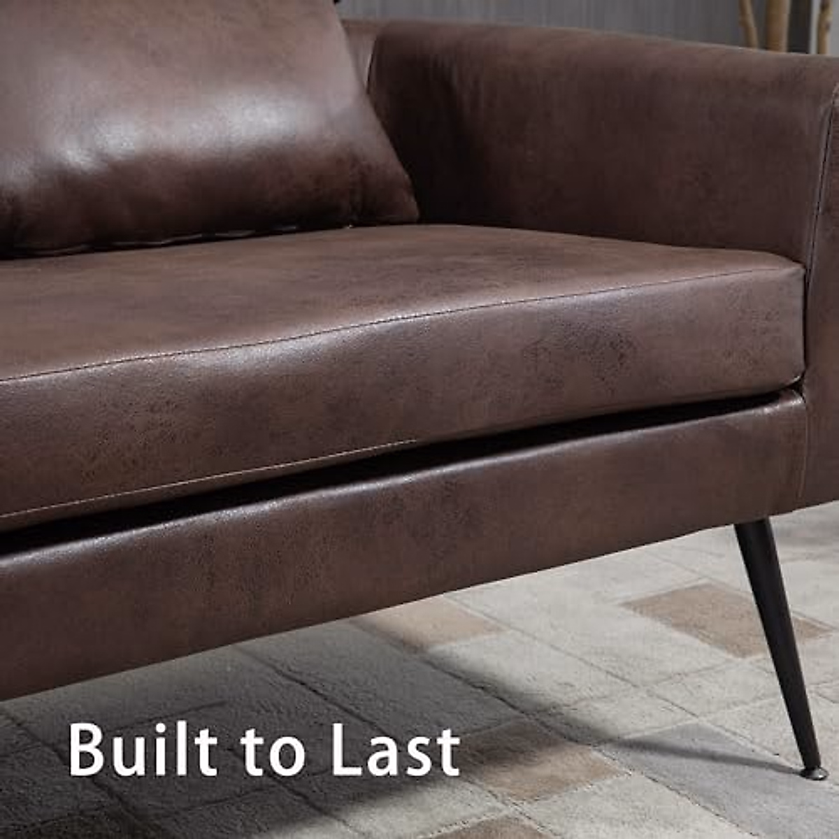 51" Faux Leather Loveseat Sofa with 2 Throw Pillows,Mid-Century Loveseat Faux Leather Sofa Couch for Small Space,Two-Seater Sofa with Metal Legs,Small Mini Room Couch for Office (Dark Brown)