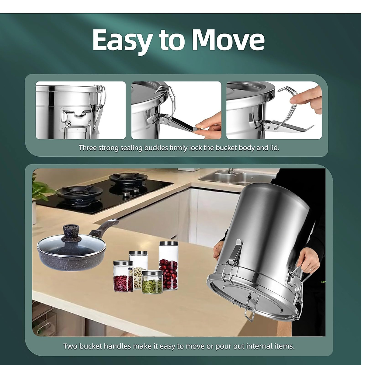 LyeXD 48L Stainless Steel Airtight Canister, Food Storage Containers with Lids Airtight Rice Cereal Grain Container Storage Box, Kitchen Canisters Metal Food Canisters Container for Rice, Grains, Oil