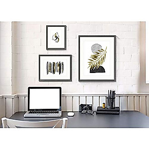 SunFlax Abstract Minimalist Painting Framed Art - Elegant Black and Gold Design Golden Palm Leaf Pictures Set with Black Wooden Frames for Living Room, Bedroom, Office 3 Panels