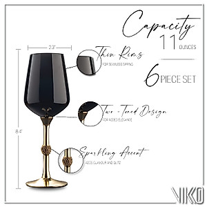 Vikko Décor Black and Gold Wine Glasses | 11 Ounce Cup – Striking Black and Gold Design with Diamante Accents – Dishwasher Safe – Set of Six Stunning Wine Glasses – 8.4” x 2.3”
