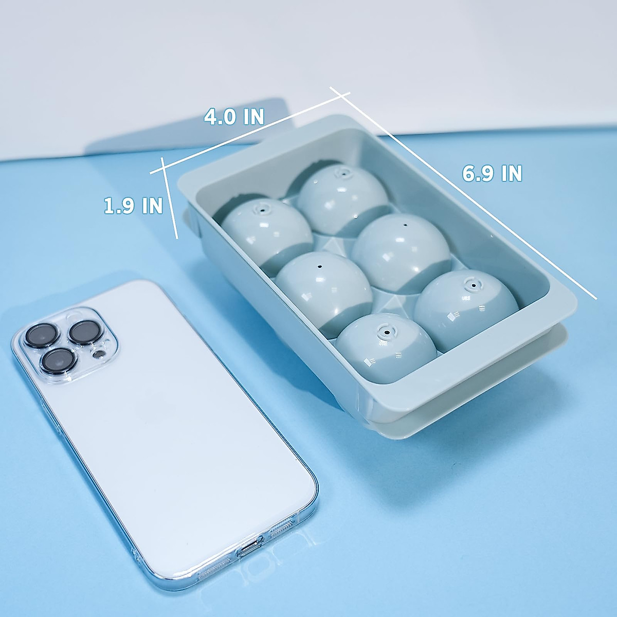 Toobimen Ice Cube Tray with Lid&Bin, 1.9'' Whiskey Ice Mold, 2Pack Ice Ball Maker Mold, Large Ice Cube Trays with Tong, Easy Fill & Release Making Ice Balls for Whiskey Cocktails Bourbon (Blue)