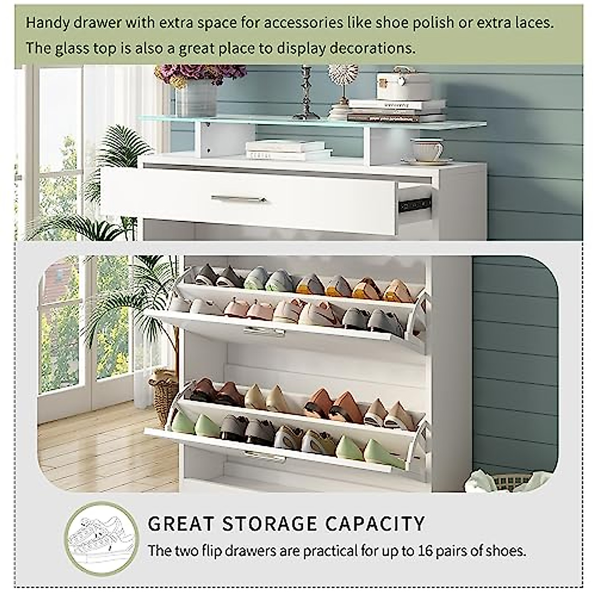 FridayParts Slim Entryway Organizer with 2 Flip Drawers, Tempered Glass Top Shoe Storage Cabinet with Drawer, Free Standing Shoe Rack with LED Light for Hallway, White