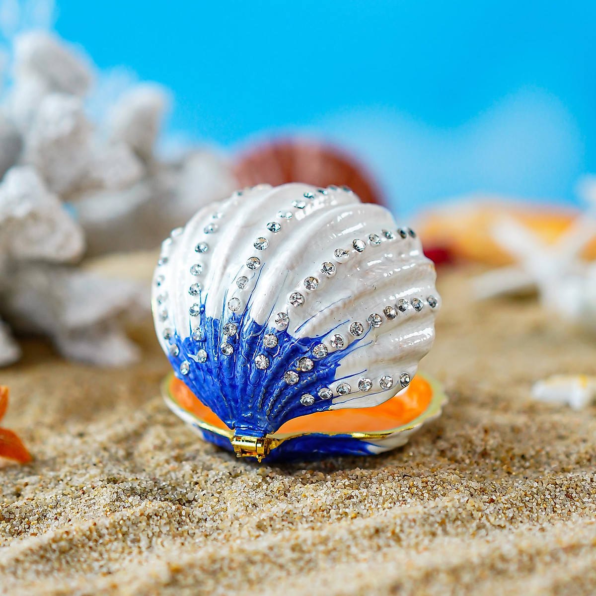 YU FENG Seashell Figurine Trinket Box Hinged Crystals Jeweled Painted Enameled Collectible Ocean Jewelry Box(Dark Blue)