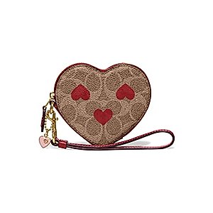 COACH Canvas Signature with Heart Print Heart Wristlet Tan Red Apple One Size