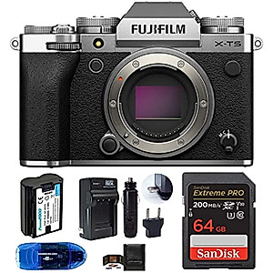 Fujifilm X-T5 Mirrorless Digital Camera Body Bundle, Includes: SanDisk 64GB Extreme PRO SDXC Memory Card, Spare Battery + More (6 Items) (Silver)