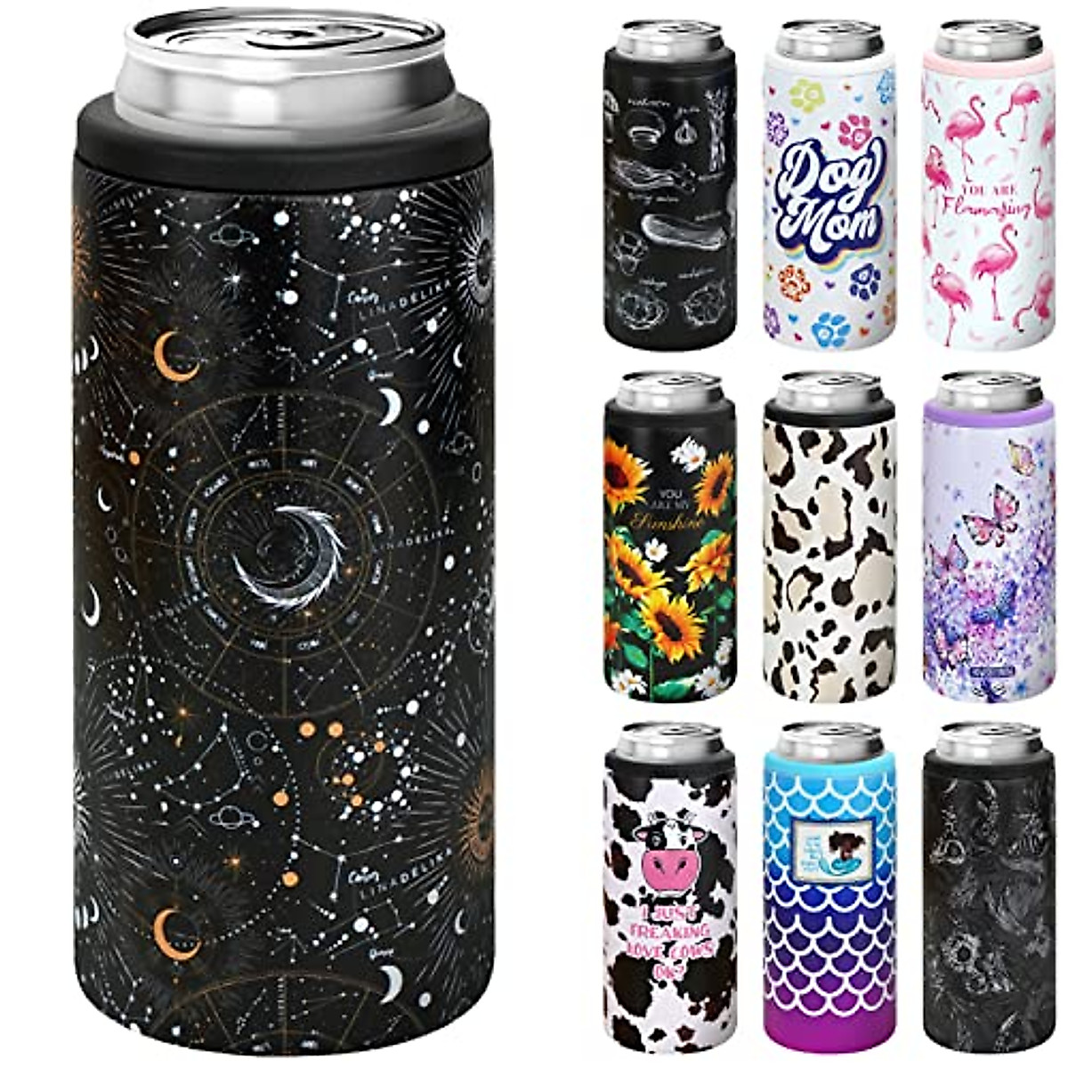 NewYT Skinny Can Cooler,Slim Can Cooler Insulated,Double Wall Vacuum Stainless Steel Drink Holder,Skinny Can Coozie 12oz for Hard Seltzer,Slim Beer and Energy Drinks-Astrology Print