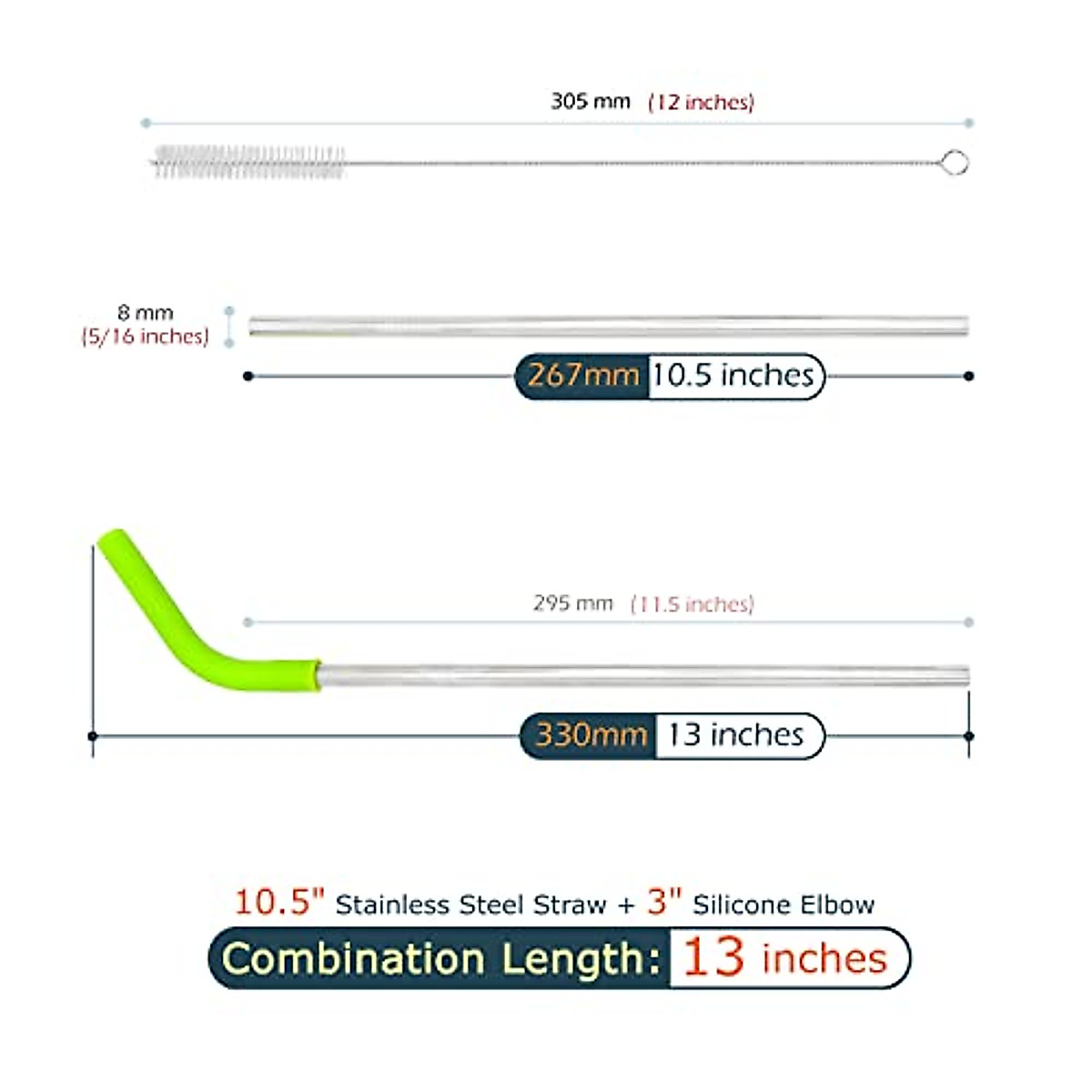 Big Drinking Straws Reusable 13" Extra Long 8mm Extra Wide Food-Grade 18/8 Stainless Steel Silicone Elbows Tips for Smoothie Milkshake Cocktail Juice Hot Drinks - Set of 4 + 2 Cleaning Brushes