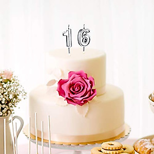 16th Birthday Candles Cake Numeral Candles Happy Birthday Cake Candles Topper Decoration for Birthday Wedding Anniversary Celebration Supplies (Silver)
