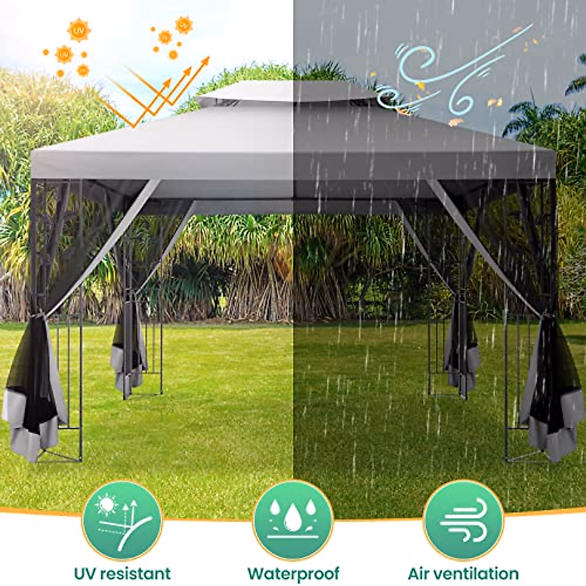 COBIZI Gazebo Canopy Tent, Outdoor Canopy 10x13 Tents for Parties, Patio Gazebo with Mosquito Netting, Patio Covers for Shade and Rain, Screen House for Backyard, Lawn and Garden, Steel Frame, Gray