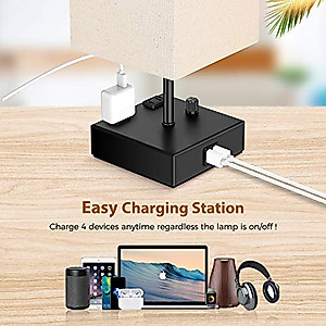 Upgraded Fully Dimmable USB Bedside Table Lamp Set of 2, Nightstand Table Lamps with 2 USB Charging Ports 2 AC Outlets, Square Fabric Shade Modern Desk Lamp Set for Bedroom Living Room, Bulbs Included