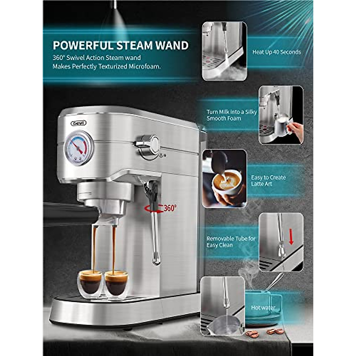 Gevi 20 Bar Compact Professional Espresso Coffee Machine with Milk Frother/Steam Wand for Espresso, Latte and Cappuccino, Stainless Steel, 35 Oz Removable Water Tank (Machine)