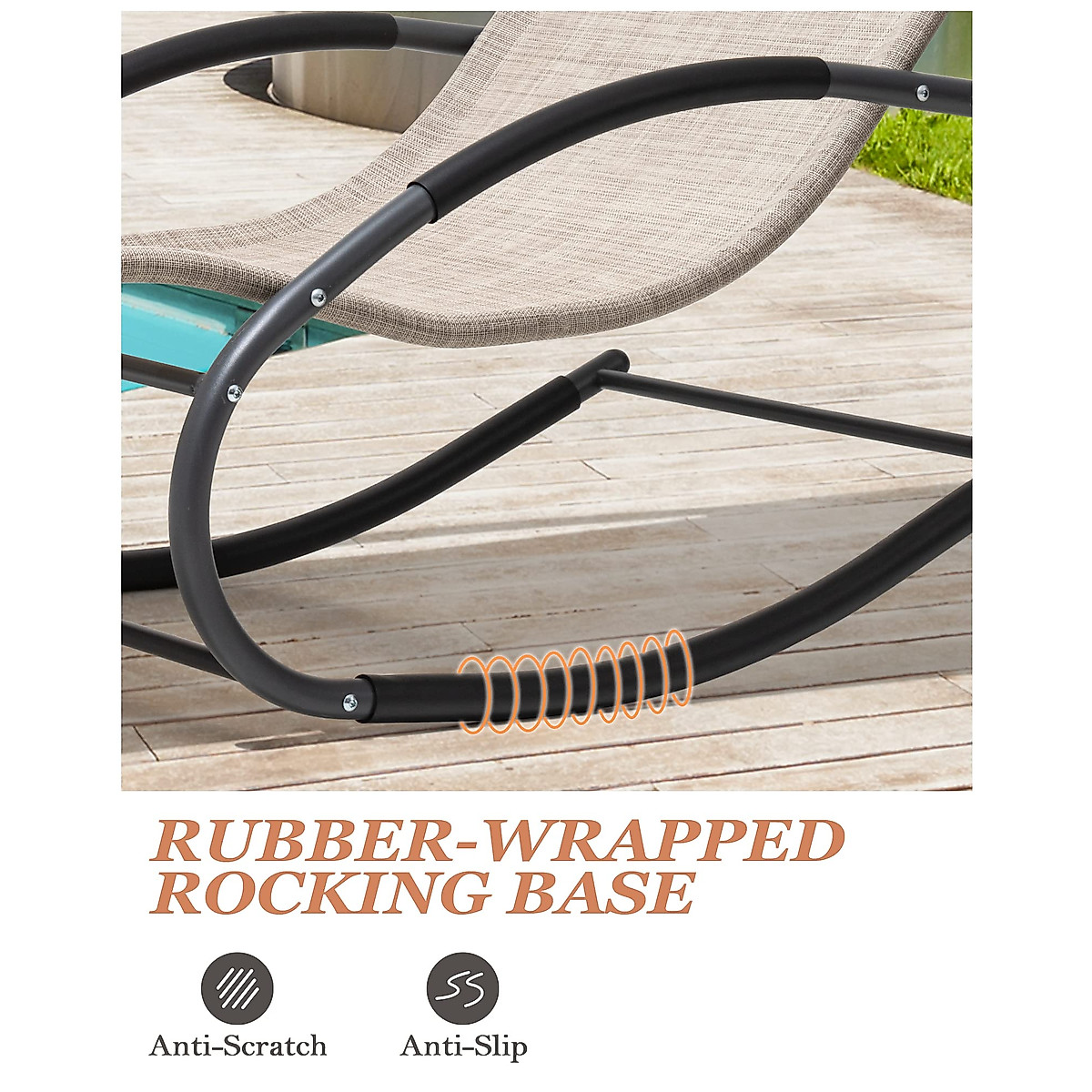 Crestlive Products Patio Rocking Chair Curved Rocker Chaise Lounge Chair with Pillow for Beach Yard Pool Outdoor Indoor, Gray Steel Frame (Beige)