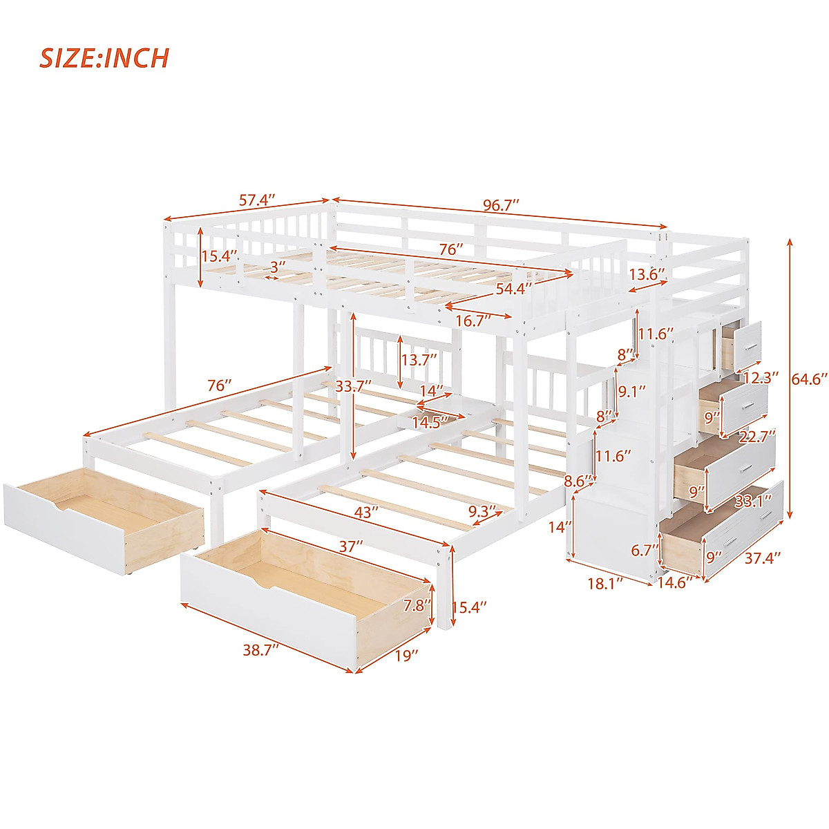 Harper & Bright Designs Triple Bunk Beds with Drawers, Wood Full Over Twin & Twin Bunk Bed with Storage Staircase, Triple Bed for Kids,3 Bed Bunk Beds with Storage for Girls Boys,White