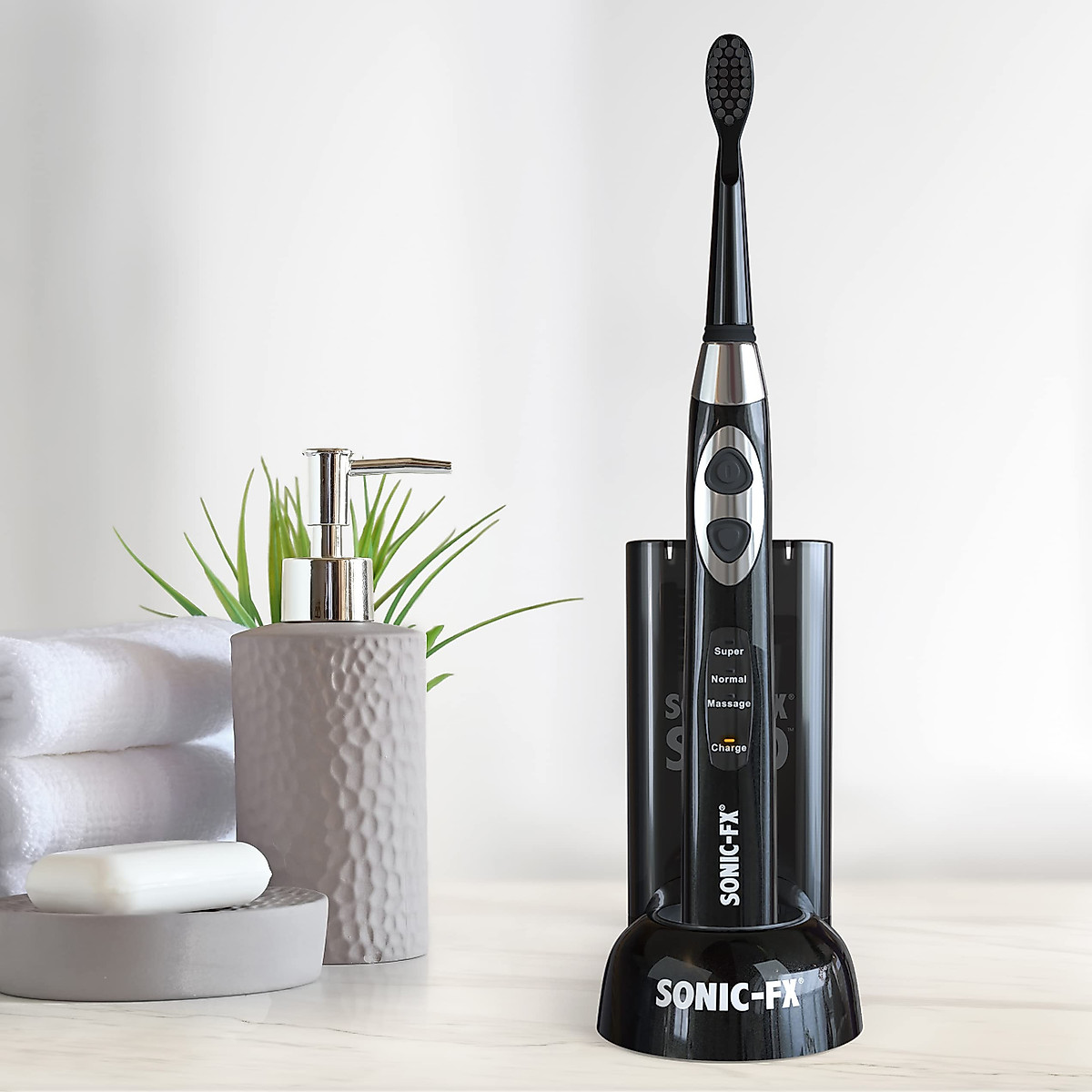 Sonic-FX Solo Electric Toothbrush - 3 Brushing Modes - with Intelligent Auto-Timer, Includes 2 Tooth Brush Heads, and 1 Interdental Head, Rechargeable, Electronic Charging/Storage Base (Black)