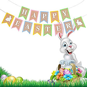 Chuangdi 2 Pieces Easter Burlap Banners Easter Bunting Felt Garland Happy Easter and Bunny Pattern for Easter Party Supplies
