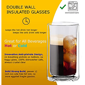 Sun's Tea Double Wall Insulated Glass Tumbler, 16oz (450ml) Highball Glass Cups for Beer, Lemonade, Iced Tea, Tropical Drink, Cocktail, Smoothie, Mojito and Mixed Drinks, Set of 2 - Collins Style