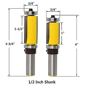 Yakamoz 2Pcs 1/2-Inch Shank Pattern Flush Trim Router Bit Top and Bottom Double Bearings Trimmer Cutter Woodworking Tool