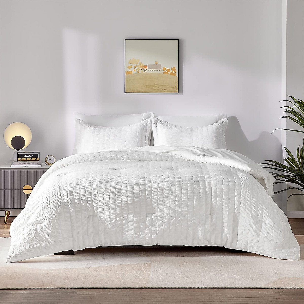 CozyLux Queen Bed in a Bag White Seersucker Comforter Set with Sheets 7-Pieces All Season Bedding Sets with Comforter, Pillow Sham, Flat Sheet, Fitted Sheet and Pillowcase