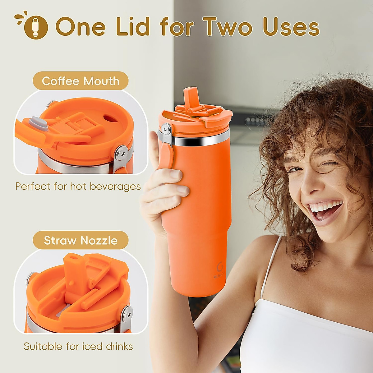 VUSIGN 30 oz Tumbler with Handle and Flip Straw, Stainless Steel Vacuum Insulated Water Bottle Travel Mug Thermal Cup for Home, Office, Car, Outdoors, Sports, Orange