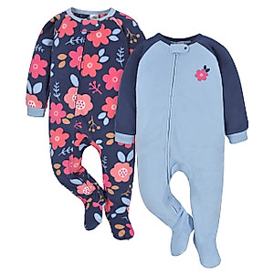 Gerber Baby Girls Toddler Loose Fit Flame Resistant Fleece Footed Pajamas 2-Pack Floral Blue 12 Months