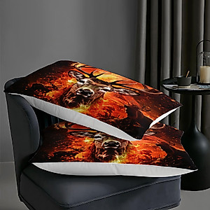 AILONEN Deer Hunting Bedding Set Queen Wild Deer Comforter Set, Fire Forest Wildlife Comforter Set for Boys Men,Deer Hunter Quilt and 2 Pillowcases,3 Pieces Queen Bed in a Bag