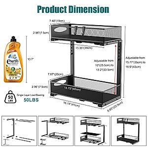 Housolution 2 Pack Under Sink Organizer, 2 Tier Metal Pull Out Under Sink Storage with Sliding Mesh Drawers, Height Adjustable Slide Out Under Sink Organizer for Kitchen Bathroom Cabinet, Black
