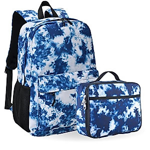 Fenrici Kids' Backpack with Lunch Box Set for Boys and Girls, School Bag with Laptop Compartment and Insulated Lunch Bag, Blue Tie Dye