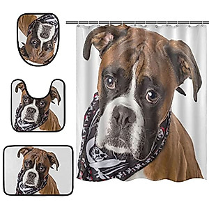4 Piece Shower Curtain Sets with Non-Slip Rugs, Toilet Lid Cover and Bath Mat, Dogs Boxer Handkerchief Neck Gray Watercolor PeacockShower Curtain with 12 Hooks Durable Waterproof Shower Curtain