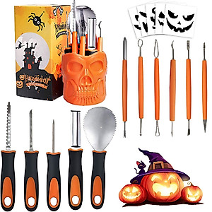 BENERAY Pumpkin Carving Kit, Includes 11 Pcs Stainless Steel As a Carving Set for Pumpkin Halloween Decoration Kit Easily Sculpting Jack-O-Lanter Halloween Set - with a Skull Storage Carrying Bucket