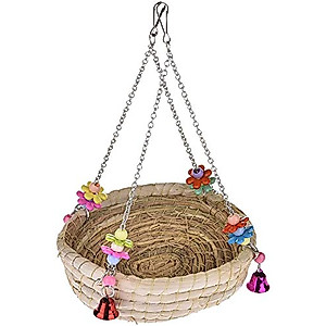 Bird Nest Swing Bed Toy with Bell Woven Straw for Parrot Parakeet Cockatiel African Grey Cockatoo Conure Budgie Canary Lovebird Finch Cage Accessories