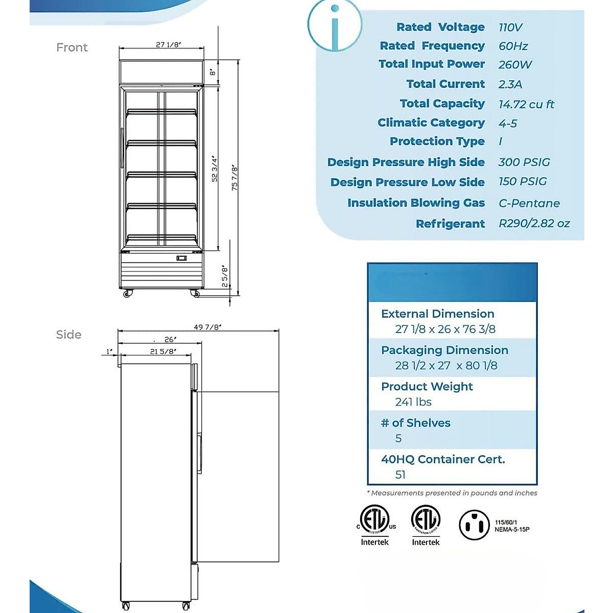 Elite Kitchen Supply Commercial Glass Door Merchandiser Refrigerator, ETL NSF Upright Display Fridge Cooler, Fan Cooling Stainless Steel, Black, 27" W 14.7 cu. ft. GDC-14
