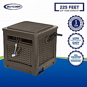 Suncast Resin 225 ft Hideaway Outdoor Storage Reel with Crank Handle, Lid, and Slide Trak Guide 225' Hose Capacity, Durable, Java