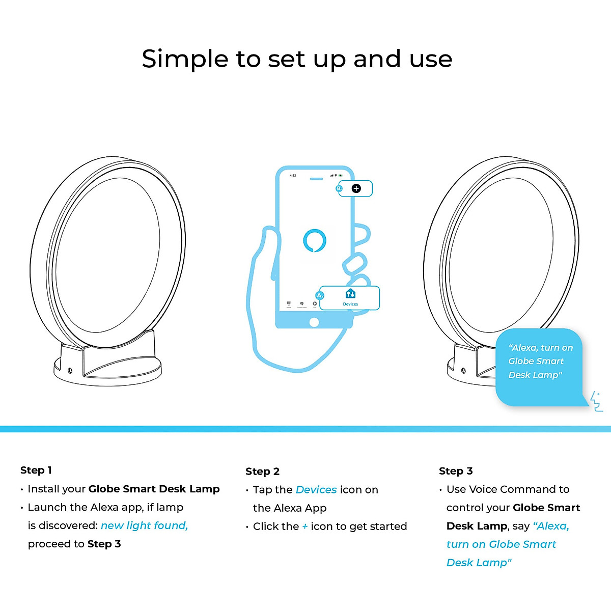 Globe Electric 50582 Works with Alexa Only Wi-Fi Smart Desk Lamp, Black, Voice Activated, Energy Star Certified, 9 Watts, Multicolor Changing RGB, Tunable White 2000K - 5000K, 630 Lumens, 90 CRI