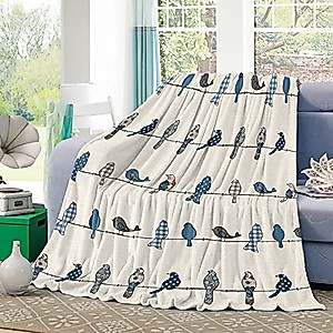 Throw Blanket- Vintage Buffalo Plaid Flowers Birds Soft Warm Plush Fleece Bed Throw,50x60In Flannel Blankets Wild Animals Black Line Bedding Throws for Women/Men Bedroom Living Room Cotton Linen