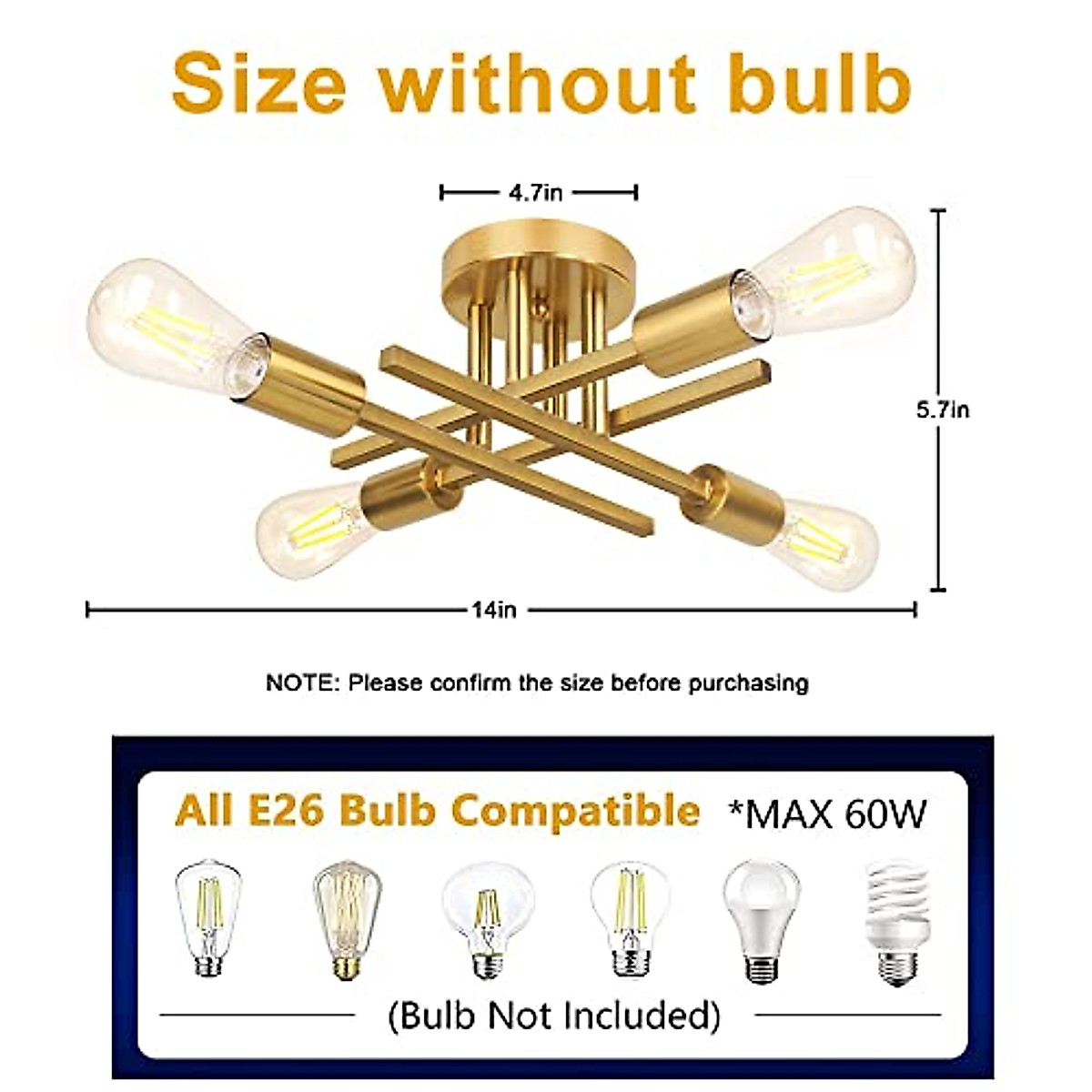 Tickjoy Modern 4 Light Semi Flush Mount Ceiling Light Fixture, Industrial Sputnik Chandelier Ceiling Lamp, Gold Farmhouse Lighting for Bedroom Kitchen Dining Room Living Room Hallway