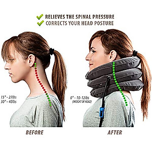 Pinched Nerve Neck Stretcher Cervical Traction Device for Home Pain Treatment | Inflatable Spinal Decompression Collar Unit Muscle Strain Injury Relief | Herniated Disc Problems Remedy Kit (Gray)
