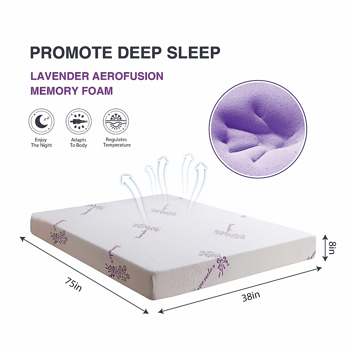 Dyonery Twin Mattress CertiPUR-US Certified, 8 Inch Lavender Infused Memory Foam Mattress, Pressure Relief, Bed in a Box