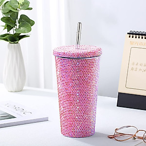Buyso Studded Diamond Tumbler Bling Rhinestone Glitter Thermal with Lid Reusable Insulated Stainless Steel Bling Premium Vacuum Cup Aesthetic Water Bottle Gift (Pink, 16.9 oz / 500 ml)