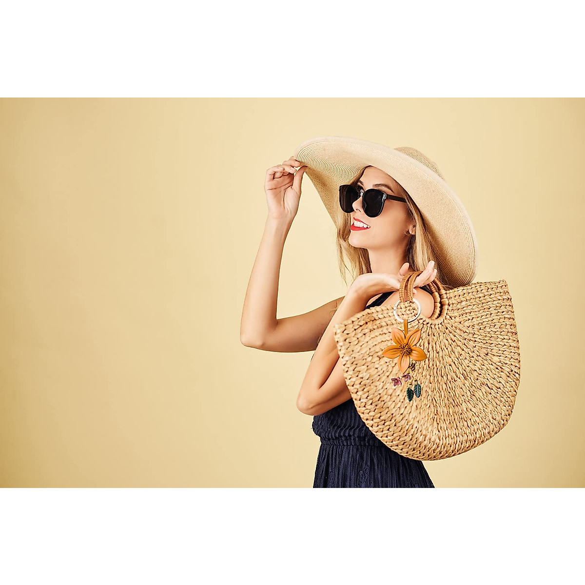 Giftale Handmade Leather Lily Flower Keychain Car Keyring Fob Tassel Orange Boho Decor