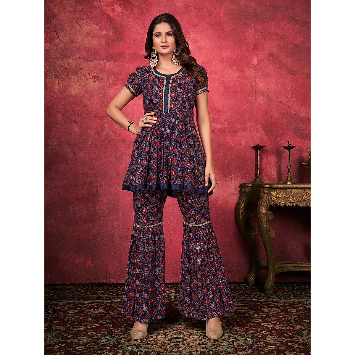 Indian Kurti for Womens With Pant | Foil Print Kurta Partywear Kurtis For Women Tunic Set Blue