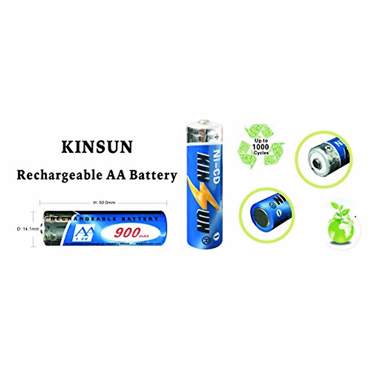 KINSUN 8-Pack Rechargeable Battery 1.2V Ni-Cd AA 900mAh for Outdoor Solar Garden Light Landscape Lights Path Lights