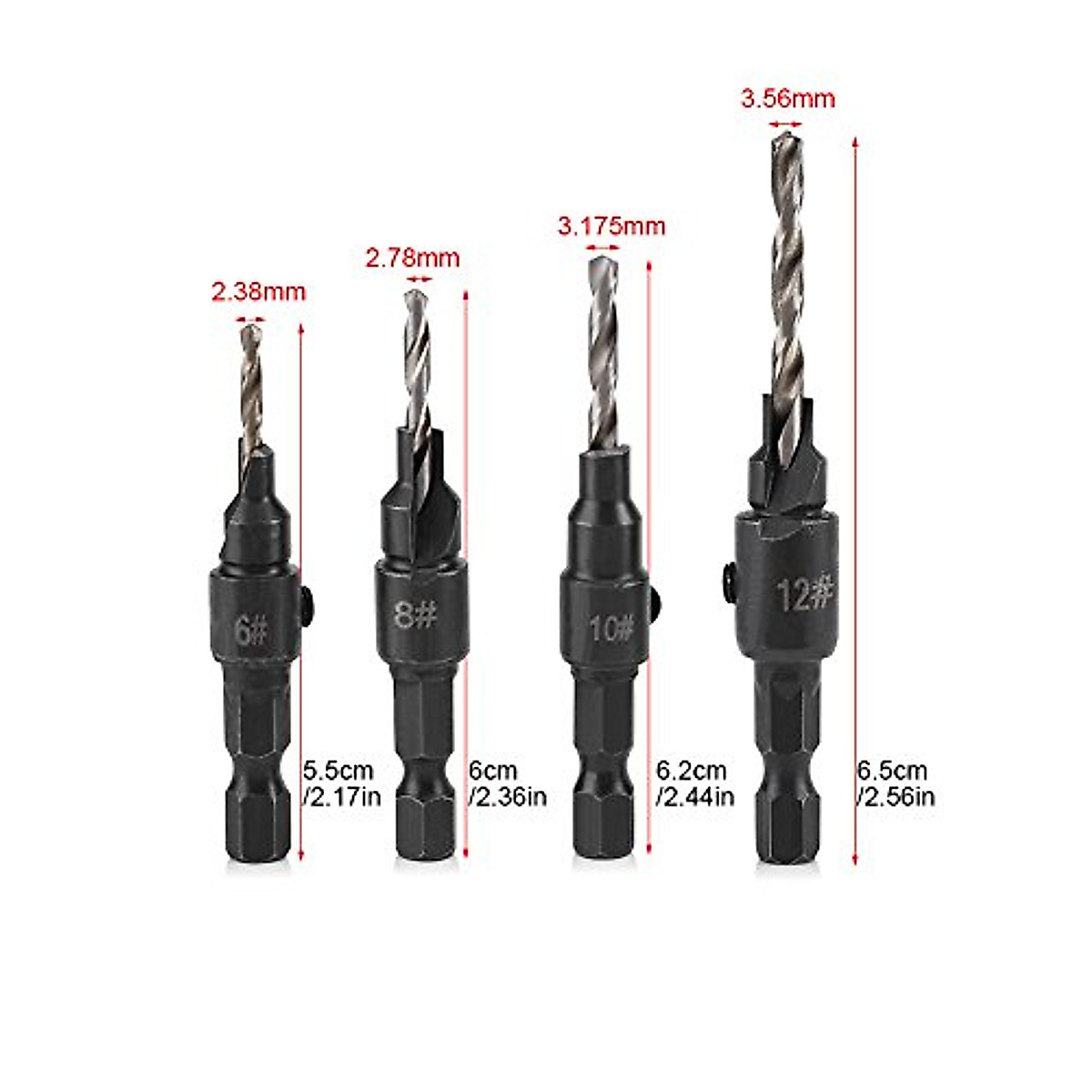 6 Pcs Countersink Drill Bit Set, 1/4 inch Hex Shank HSS Drill Bits #6#8#10#12 Countersink Woodworking Tool with L-Wrench