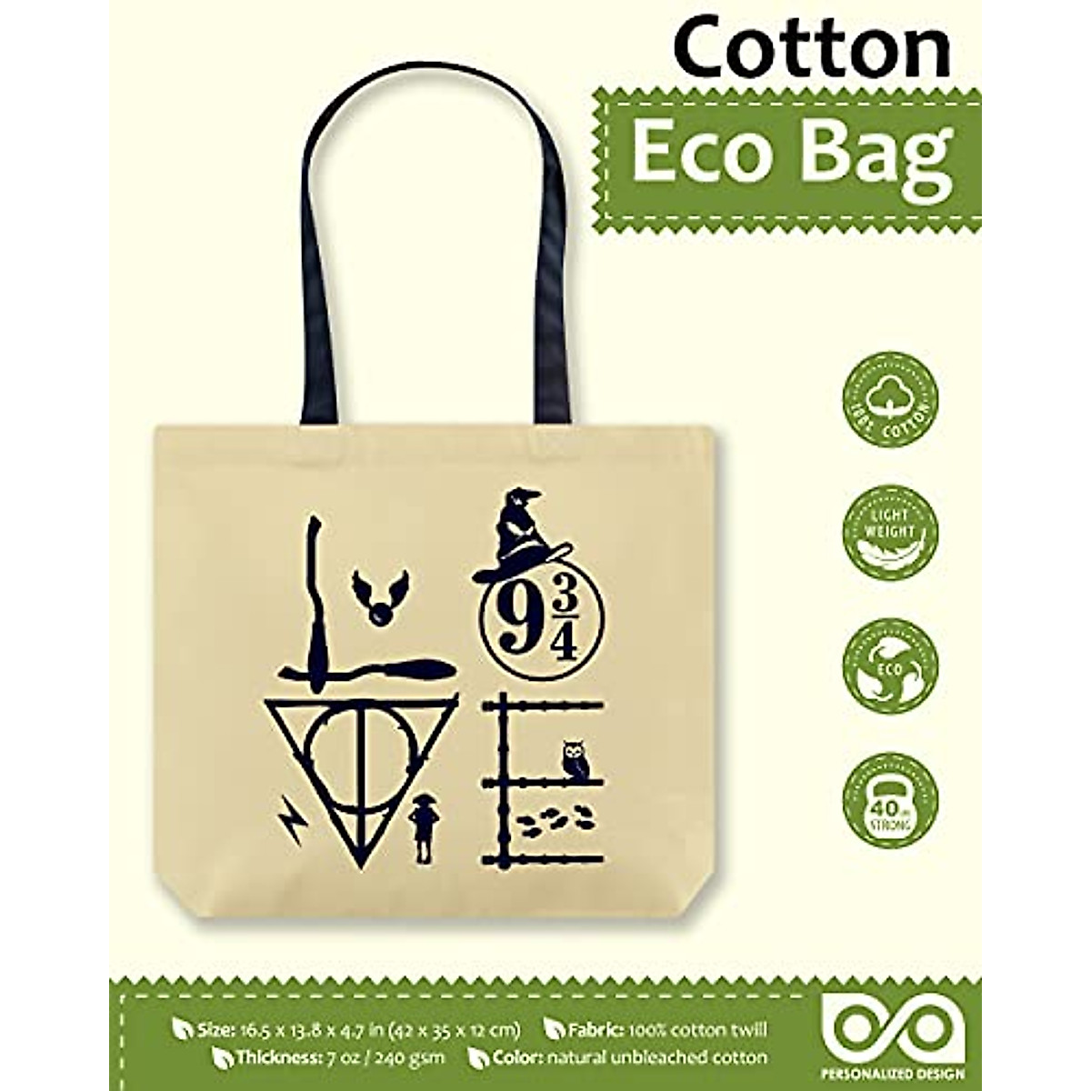 Personalized.Design Tote Bag Harry Potter Love - Reusable Cotton Canvas Organic Shoulder Craft Bag, ECBG-007, Beige, Large