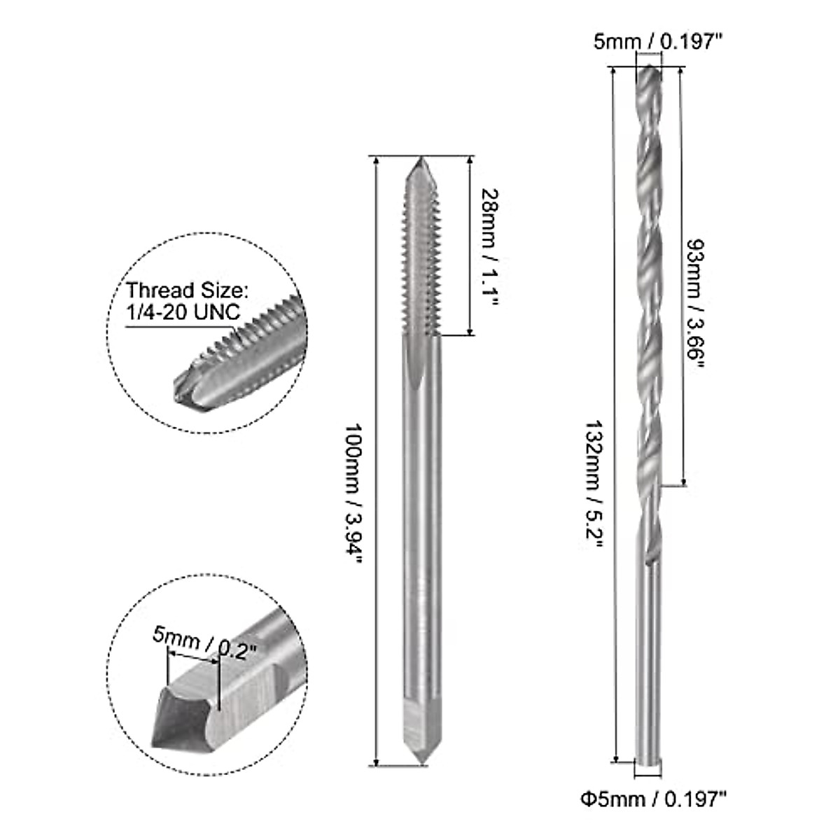uxcell Tap & Bit Sets, 1/4-20 UNC H2 Straight Flute Machine Thread Milling Tap Extra Long, 5mm High Speed Steel (HSS) Twist Drill Bit