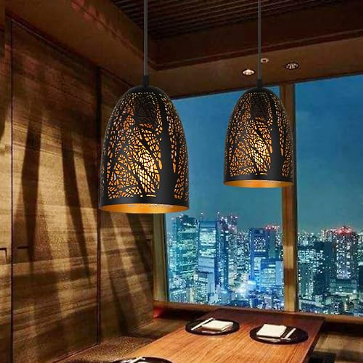 MURUIEN Dimensional Carving Process Pendant Lamp Outer Black and Inner Gold Iron Hollow-Out Chandelier E26/E27 Lamp Holder Pendant Light Fixtures Restaurant Kitchen Hanging Light